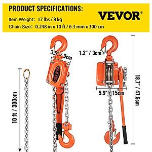 VEVOR Lever Chain Hoist, 0.75Ton 1650lbs Capacity Ratchet Puller with 10FT Max. Lifting Height, Come Along 2 Heavy Duty Steel Hooks, Manual Handling Tool for Cargo Moving in Construction, Warehouse , Orange