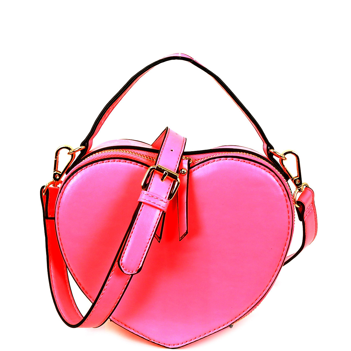 Trendeology Cute Heart Shape Girls Womens Vegan Leather Small Handle Satchel Crossbody Purse (Neon-Pink)