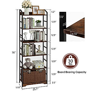 Vagusicc 6 Tier Bookshelf with 2 Storage Baskets, Tall Bookcase Shelf Storage Organizer Wood Book Shelf, Modern Shelf Rack Shelves with Steel Frame, Multipurpose Bookshelf for Bedroom Living Room