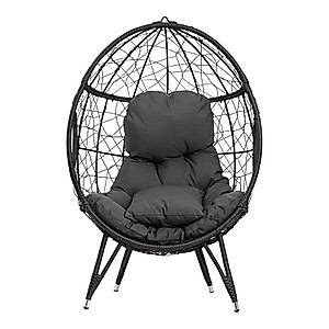 Crestlive Products Patio Wicker Egg Chair with Cushion and Pillow, PE Rattan Hanging Basket Lounge Chair with Legs, Teardrop Cuddle for Indoor Outdoor Bedroom Garden Deck Balcony (Dark Gray)