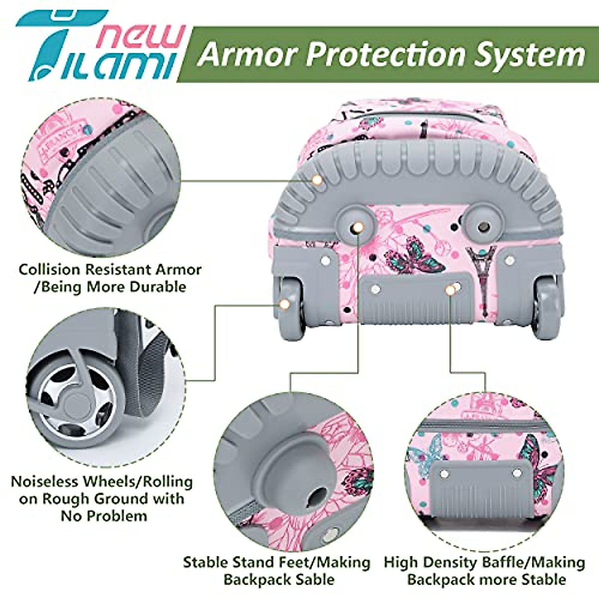 NEW TILAMI Rolling Backpack for Kids, Cute 18 Inches Boys Wheeled Laptop Backpack for Girls Travel School Student Trip Bag, Pink Paris