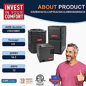 Goodman 3.5 Ton 14.3 SEER2 Single Stage Heat Pump GSZB404210 and 80,000 BTU 92% AFUE Multi-Speed Gas Furnace GM9S920804CN Upflow System with CAPTA4230C4