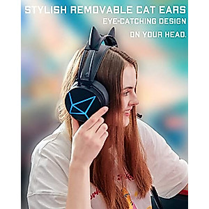 Cat Ear Headphones with Noise Canceling Microphone and Surround Sound, Gaming Headset with Removable Cat Ears, LED Lights, Compatible with PC, Xbox One, PS4, PS5, Switch, Black Gamer Headset Wired
