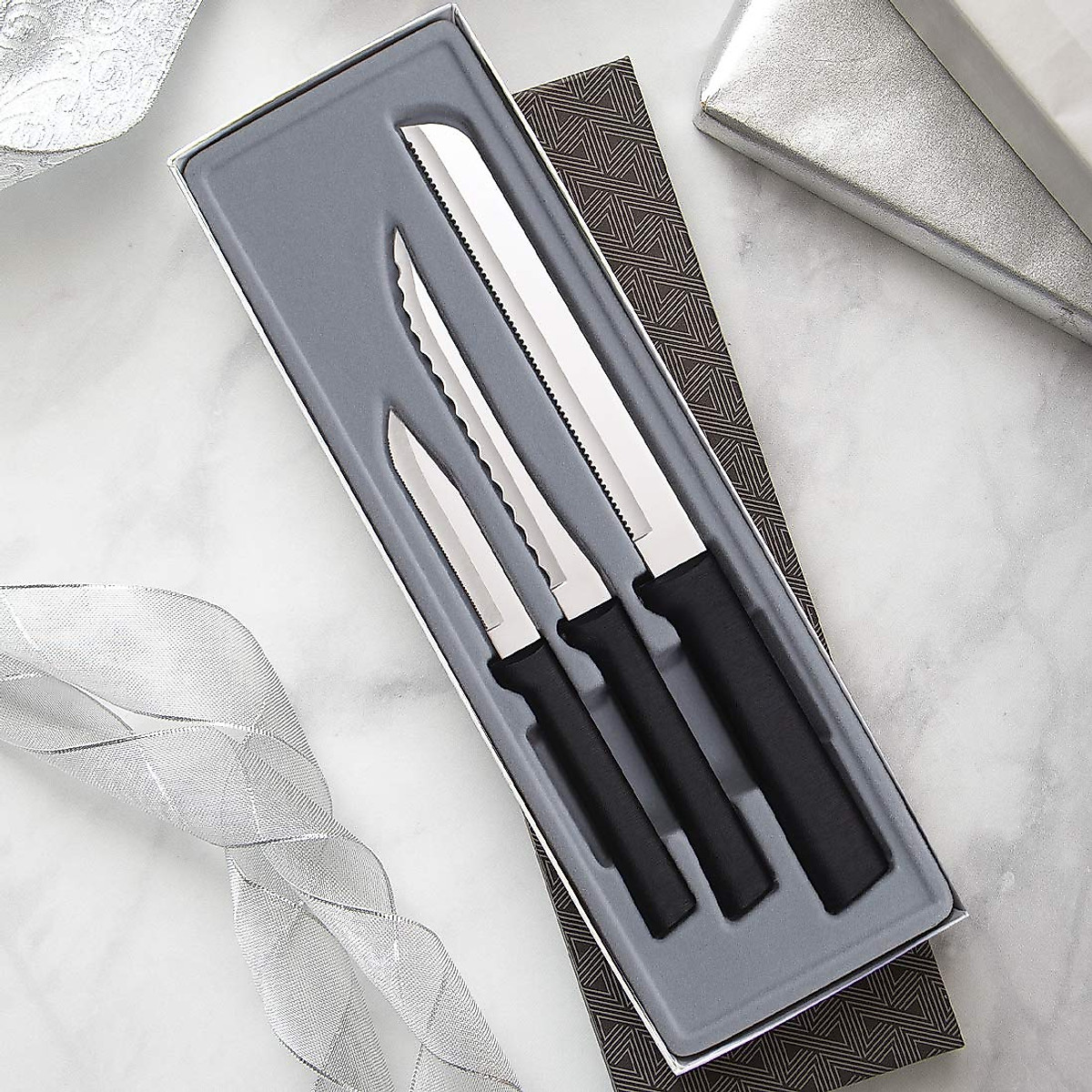Rada Cutlery Sensational Serrations 3-Piece Kitchen Knife Set Blades Steel Resin, Black Handle