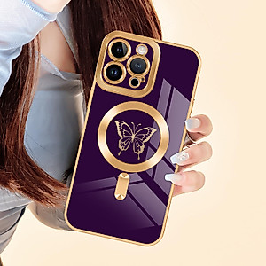 Newseego for iPhone 13 Pro Max Magnetic Case, Cute Butterfly Plating Edge Case for Women Girls Men Soft TPU Bumper Shockproof Camera Protective Cover for iPhone 13 Pro Max-Purple