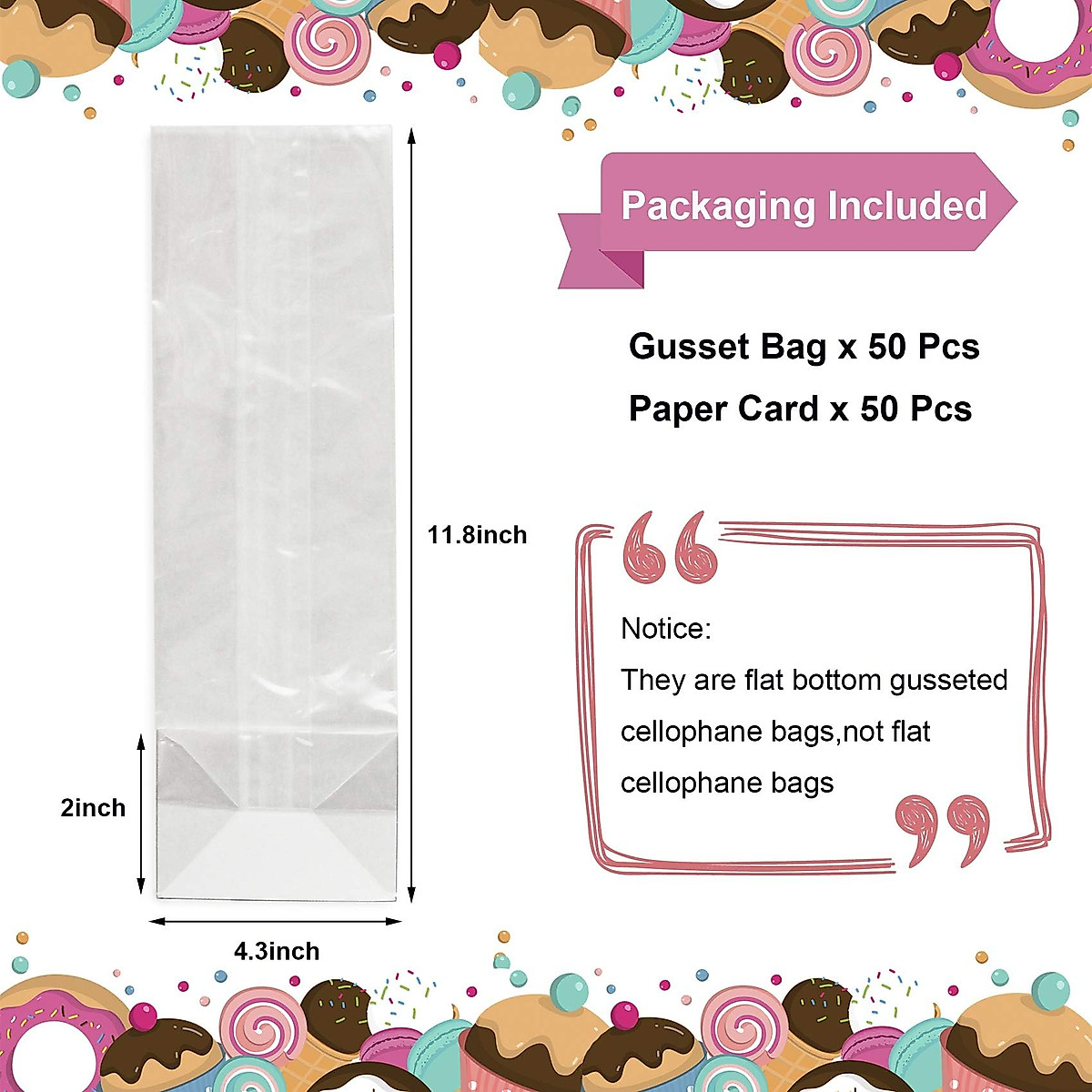 Morepack Gusseted Flat Bottom Cellophane Bags with Paper Insert, 50Pcs 4.3x2x11.8 Inches Cellophane Bags Gusseted