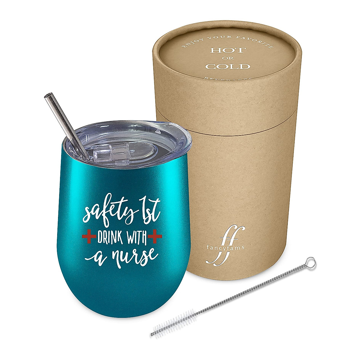 Fancyfams Nurse Gifts for Women - Nurse Gifts - Safety First Drink with a Nurse - 12 oz Stainless Steel Wine Tumbler with Lid and Straw - Nurse Practitioner Gifts (Turquoise)