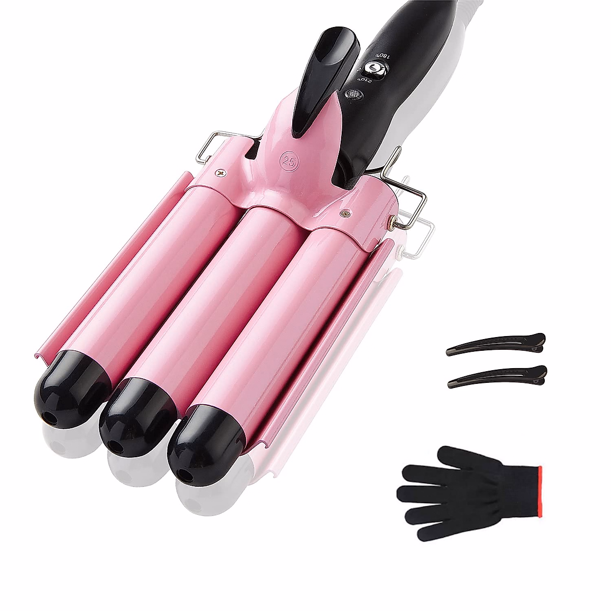 TOP4EVER 3 Barrel Curling Iron, 1 inch Crimper Hair Tool,Crimping Waver for Women Beach Waves with Two Temperature Settings, Pink