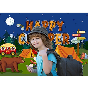 Camping Backdrop Forest Camping Adventure Happy Camper Photography Backdrops for Camping Birthday Party Decoration Camping Theme Photo Background (6x4ft(70x40inch))
