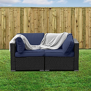 Excited Work Patio Sectional Furniture Corner Sofa,Low Back All-Weather Wicker Loveseats Outdoor Rattan Couch Set Conversation Sets（Dark Blue）
