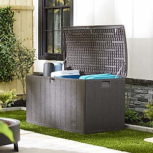 Plastic Development Group 105 Gallon Weatherproof Large Double Wall Plastic Outdoor Patio Storage Deck Box with Soft Close Lid, Java Brown