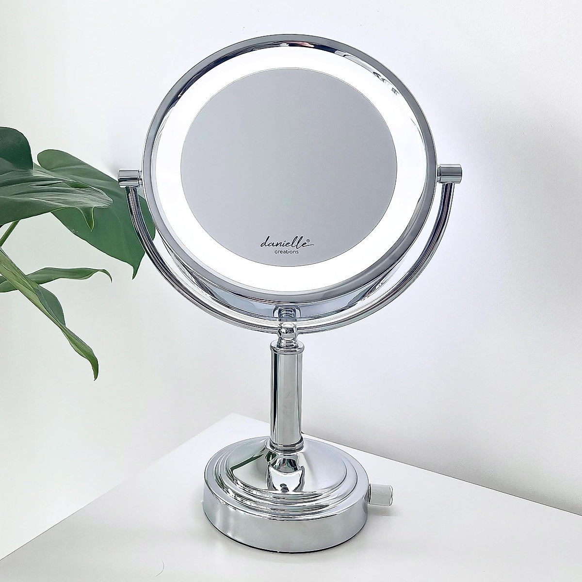 Danielle Creations Professional-Grade Double-Sided L.E.D. Vanity Mirror with Strong 15X Magnification, 360-Degree Rotation, Ultra-Vue Distortion-Free True Image Reflection, Silver Chrome Finish
