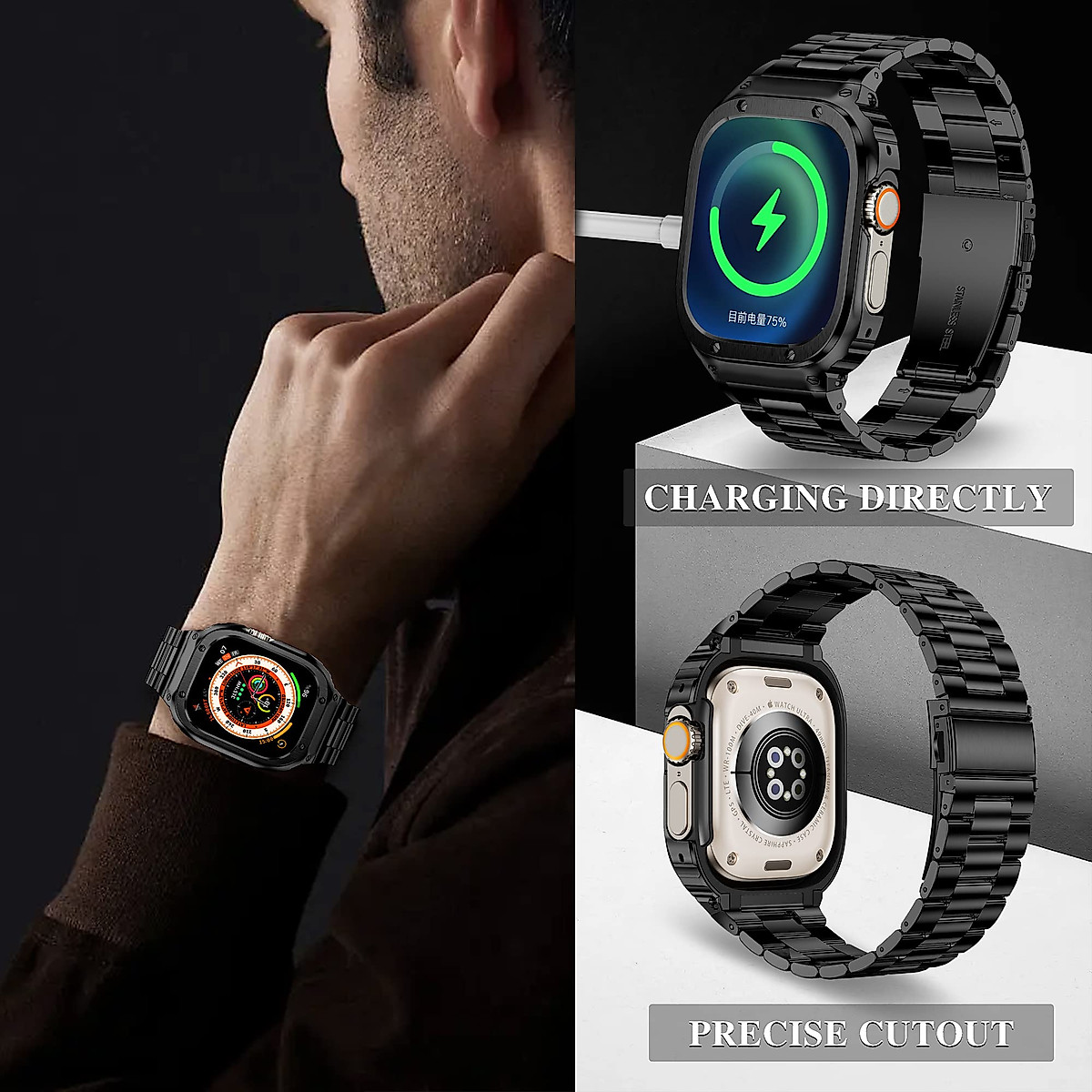 HASLFM Stainless Steel Apple Watch Band with Case Compatible with Apple Watch Ultra/Ultra 2(49mm),Metal iWatch Band and Protective Bumper Cover, Rugged Replacement Strap for Men 2023,Black