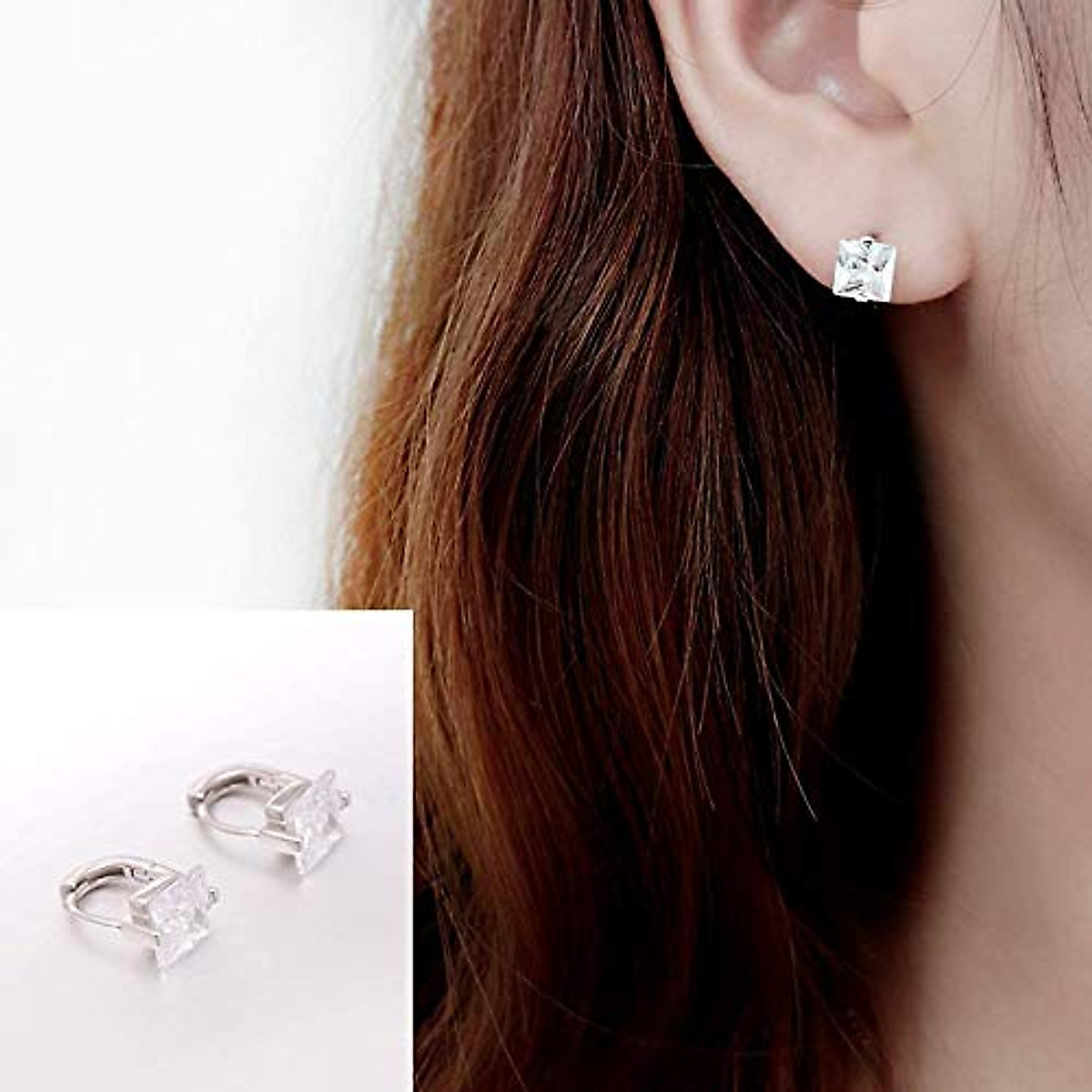 925 Sterling Silver Cubic Zirconia Princess Cut Huggie Earrings Studs