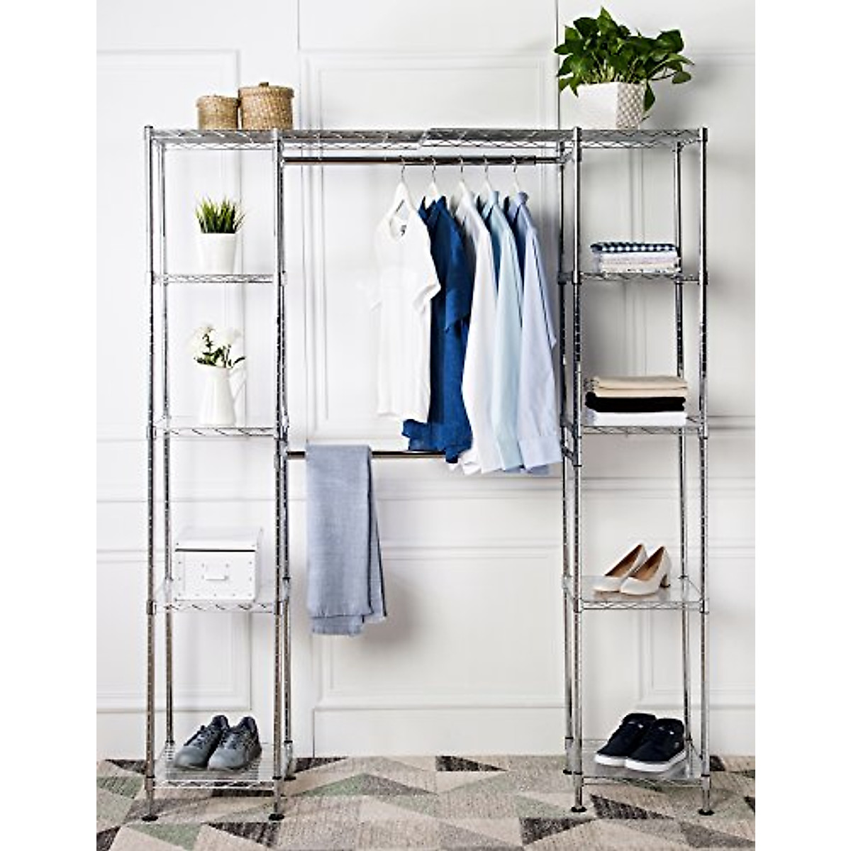 Amazon Basics Expandable Metal Hanging Storage Organizer Rack Wardrobe with Shelves, 14"-63" x 58"-72", Chrome & Collapsible Fabric Storage Cubes Organizer with Handles, Beige - Pack of 6