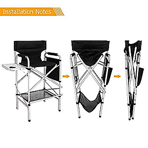 mefeir 2 PCS 31" Tall Upgraded Director Makeup Artist Chair Bar Height, Aluminum Frame Supports 300 lbs, Folding Portable with Side Table Storage Bag Black,19.2" D x 23.6" W x 45.6" H