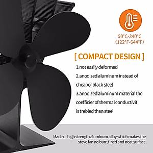 Aynaxcol 4 Blades Heat Powered Stove Fan Wood Burning Stove Fireplace Fan for Heated Air Eco Stove Fan Wood Log Burner Fireplace Silent Operation(Black)