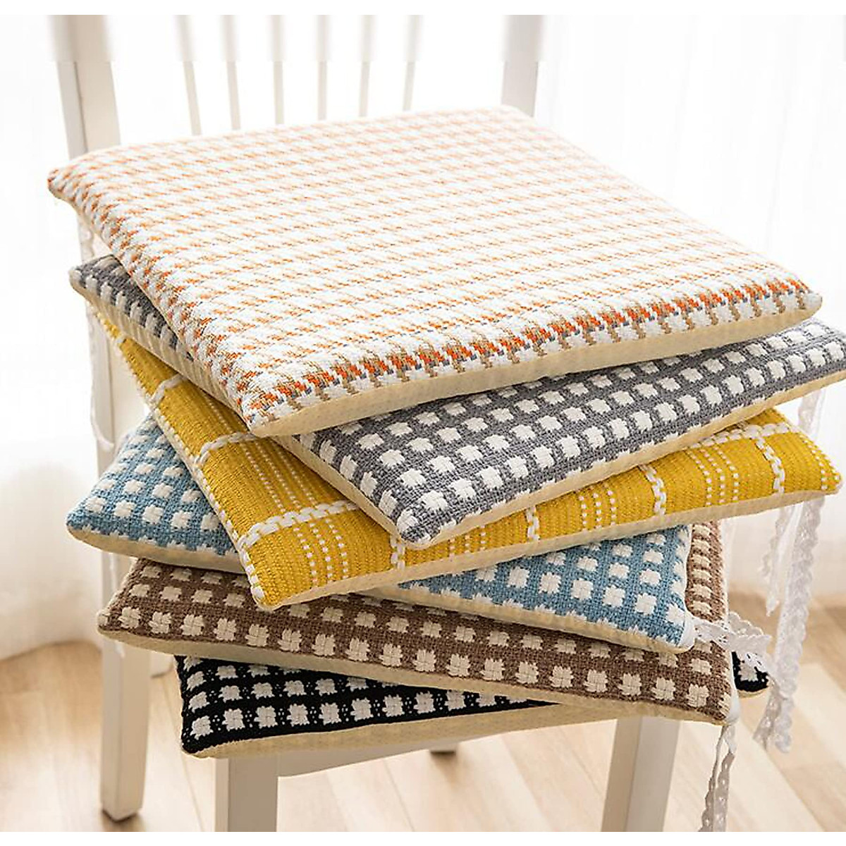 OLAMASA Chair Pad with Ties for Dining Chair Set of 4 Linen Thick Square Chair Cushions Non Slip Seat Cushion for Kitchen Living Room Office Chair Decor Washable (18x18x1.6 inch, Yellow)