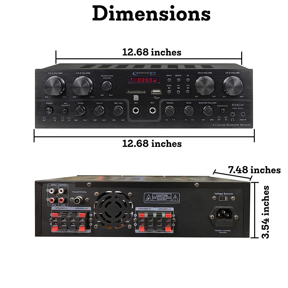 Technical Pro 4 Channel 1600 Watts 8 Speaker Bluetooth Home Theater Receiver System w/ 4 Pairs of 5.25” Ceiling Wall Mount 2-Way Mid Bass Woofer Ceiling Speakers - Home Theater Kit