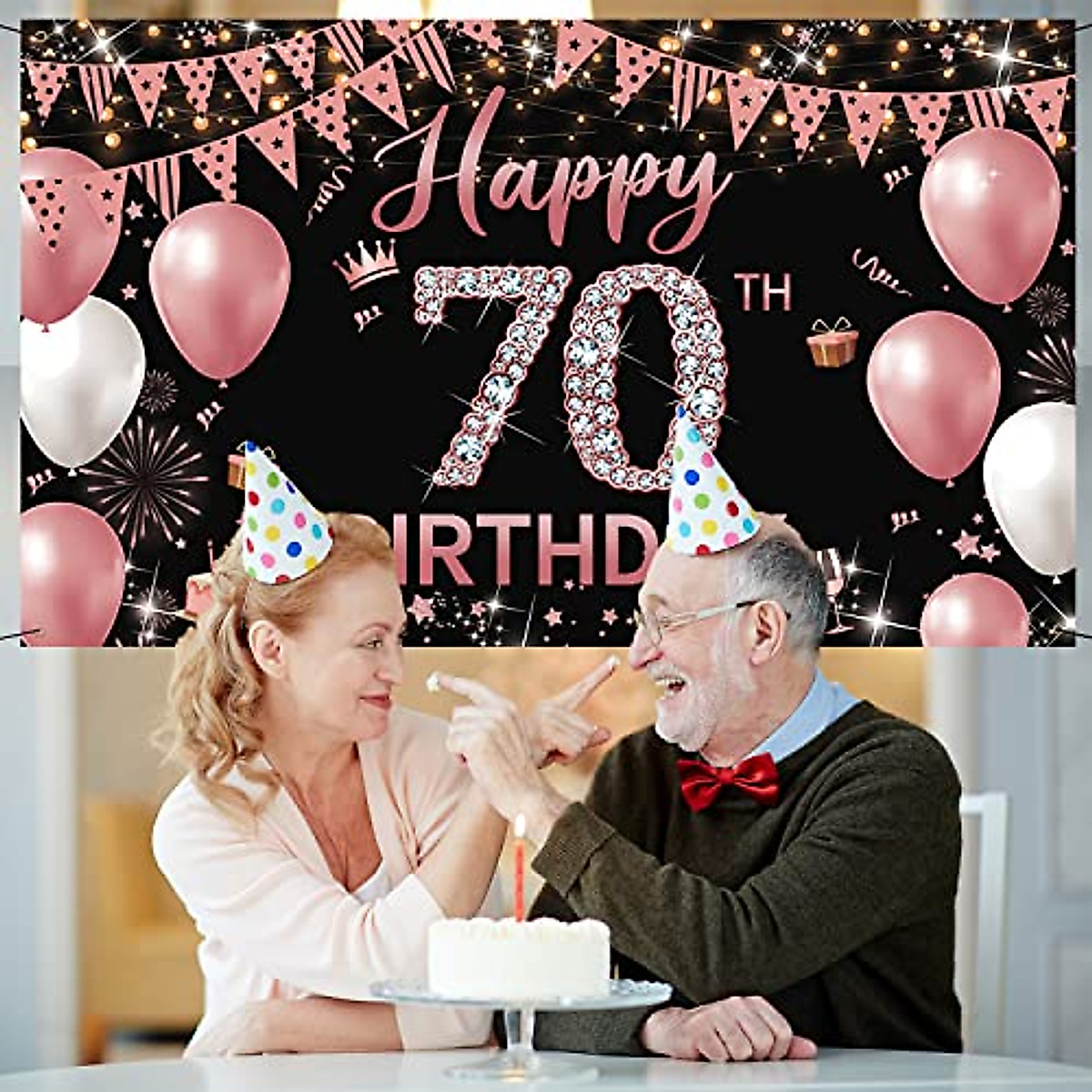 70th Birthday Decorations Backdrop Banner for Women, Rose Gold Happy 70th Birthday Decoration for Women, 70 Year Old Birthday Party Backdrop, 70th Birthday Theme Photo Props Fabric 6.1ft x 3.6ft PHXEY