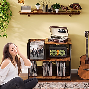 Huxitocan 3 Tier Record Player Stand Holds Up to 300 Albums with 4 Adjustable Divider for Turntable Stand, Large Vintage Record Player Table with Vinyl Record Holder Cabinet-Patent Pending