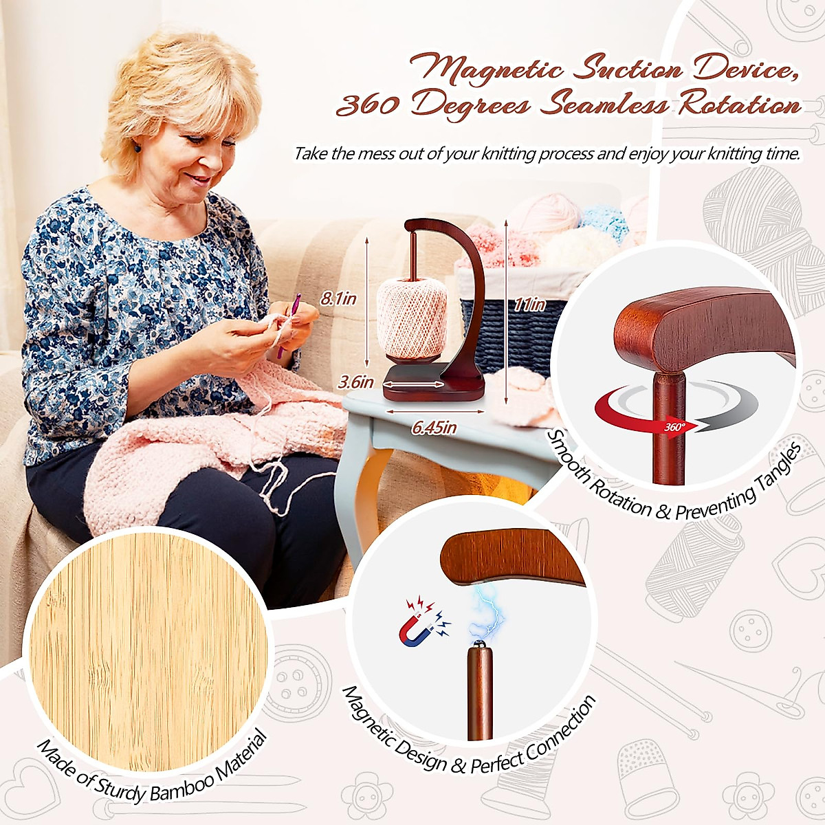 HEH Wooden Yarn Holder for Knitting and Crocheting, Magnetic Yarn Ball Holder with Anti-Slip Pads, Yarn Holder Spinner for DIY Crafts, Crochet Gift for Knitting Lovers