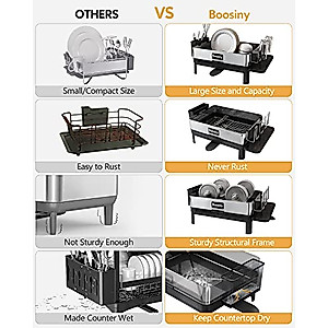 BOOSINY Dish Racks for Kitchen Counter, 304 Stainless Steel Large Dish Rack and Drainboard Set, Full Size Dish Drainer with Swivel Spout Drainage, Utensil Holder and Cup Holder for Big Family
