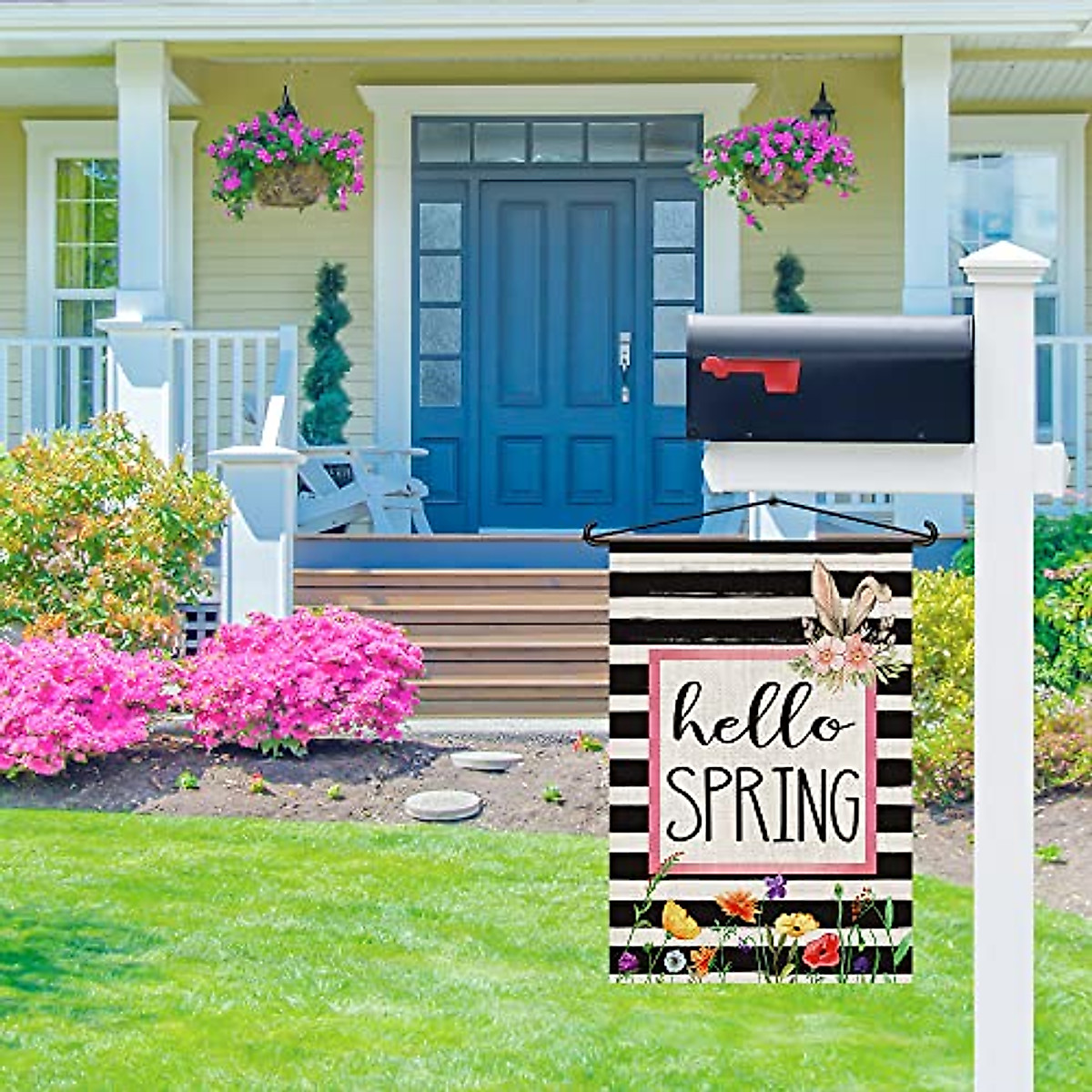 Hello Spring Flower Garden Flag 12x18 Inch Double Sided Burlap Outside, Seasonal Floral Bunny Sign Yard Farmhouse Outdoor Decor DF231