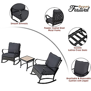 Festival Depot PE Wicker Rocking Chair Set, Patio Bistro Set, 3 Pieces Outdoor Furniture, Conversation Sofa Set of 2 Armchairs & Coffee Table with Removable Cushion All Weather Casual Craft Cozy Small