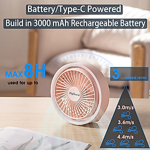Digibond Pink Desk Fans Small Quiet with Ambient Light/Hook Portable USB Fan 5.3in High Power 3000mAH Rechargeable Battery Operate 3 Speed 180°Rotated Easy Clean