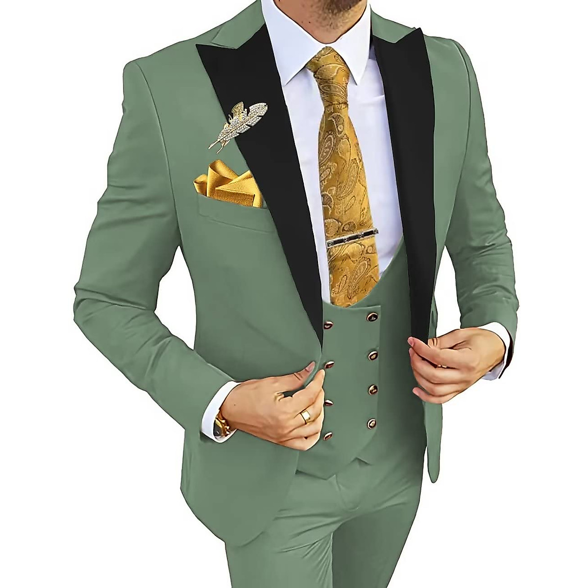 SHUZHXLZANGY Men Wedding Suits Slim Fit 3 Piece Tuxedo,One Button Tux Jacket Vest Trousers Dinner Wedding,Green Suits for Men (42) L