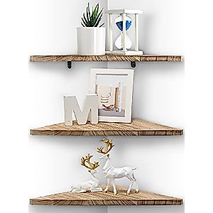 Joiishom Corner Wall Shelf Set of 3, Floating Corner Shelves for Wall, Rustic Wood Wall Storage Display Shelves for Living Room Bedroom Bathroom Kitchen (Carbonized Wood)