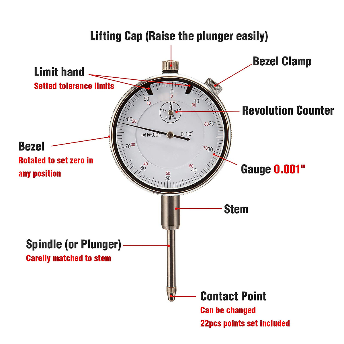 LAIWOO Dial Indicator with Magnetic Base Holder 0-1" Tester Gage Gauge 0.001" Fine Adjustable Long Arm