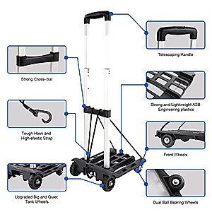 Folding Hand Truck, BOQZ Luggage Cart with Elastic Bungee Rope 4 Wheels Solid Construction Portable Fold Up Dolly Compact Lightweight Utility Cart for Luggage Travel Shopping Moving Office Use