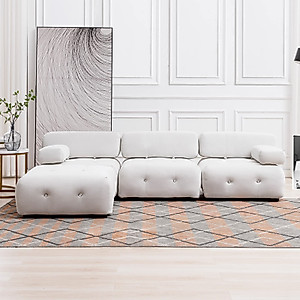 Mjkone Modular Sectional Sofa with Reversible Chaise, Velvet L Shaped Cloud Couch with Reversible Ottoman, 4 Seater Couch Button Tufted Designed Cloud Sofa, DIY Combination Sofa for Living Room,Beige