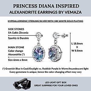 VEMAZA Color Change Alexandrite Earrings 925 Sterling Silver June Birthstone Round Cut Oval Cut Halo Hypoallergenic Drop Dangle Stud Simulated Created Alexandrite Earrings for Women (Diana)