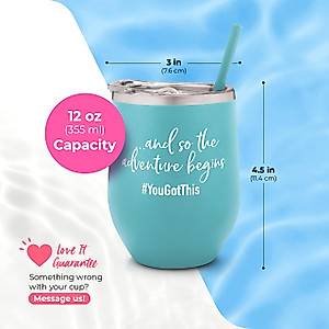 and So The Adventure Begins - Personalized Insulated Wine Tumbler with Lid – Stainless Steel Insulated Travel Mug with Straw – Graduation, Promotion, Going Away, Job Change, Teacher - Adventure Awaits