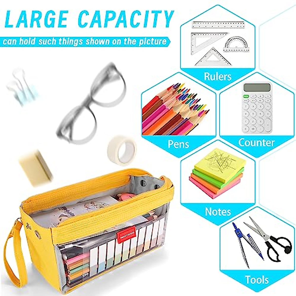 HAUTOCO Big Capacity Pencil Pen Case Large Pencil Pouch Clear Pen Bag, Portable Pencil Box with Handle Stationery Organizer Holder for College Teens Girls Back to School Supplies, Yellow