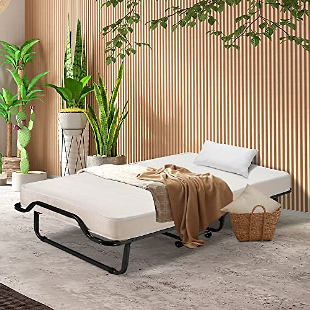 GOFLAME Folding Bed with Memory Foam Mattress, Portable Rollaway Guest Bed with Heavy-Duty Steel Frame & Rolling Casters, Sleeper Bed Cot Size for Adults & Kids, Dustproof Cover Included