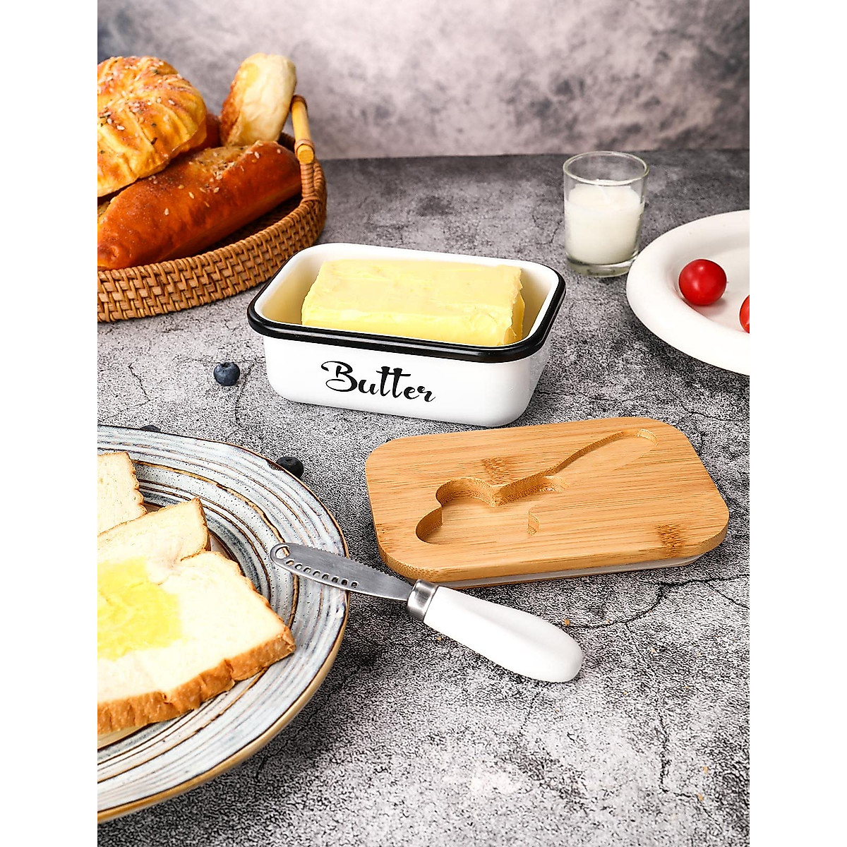 AISBUGUR Large Butter Dish with Lid for Countertop, Metal Butter Keeper with Stainless Steel Multipurpose Butter Knife, Butter Container with Double High-quality Silicone Good Kitchen Gift White