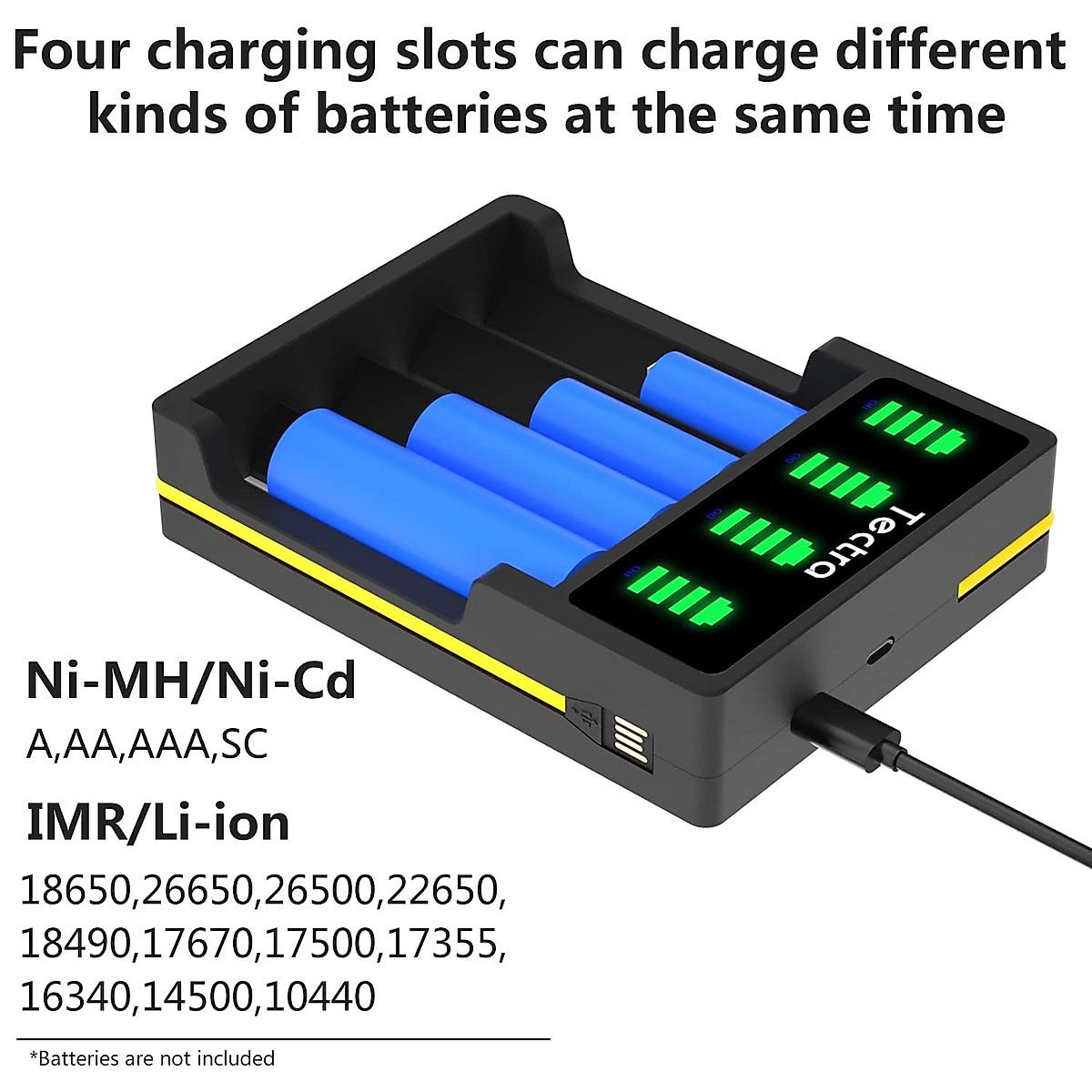 18650 Battery Charger, Tectra Universal Smart LED Charger for Rechargeable Li-ion Batteries 18650 26650 18490 17670 17500 16340 14500, Ni-MH Ni-Cd A AA AAA AAAA Batteries