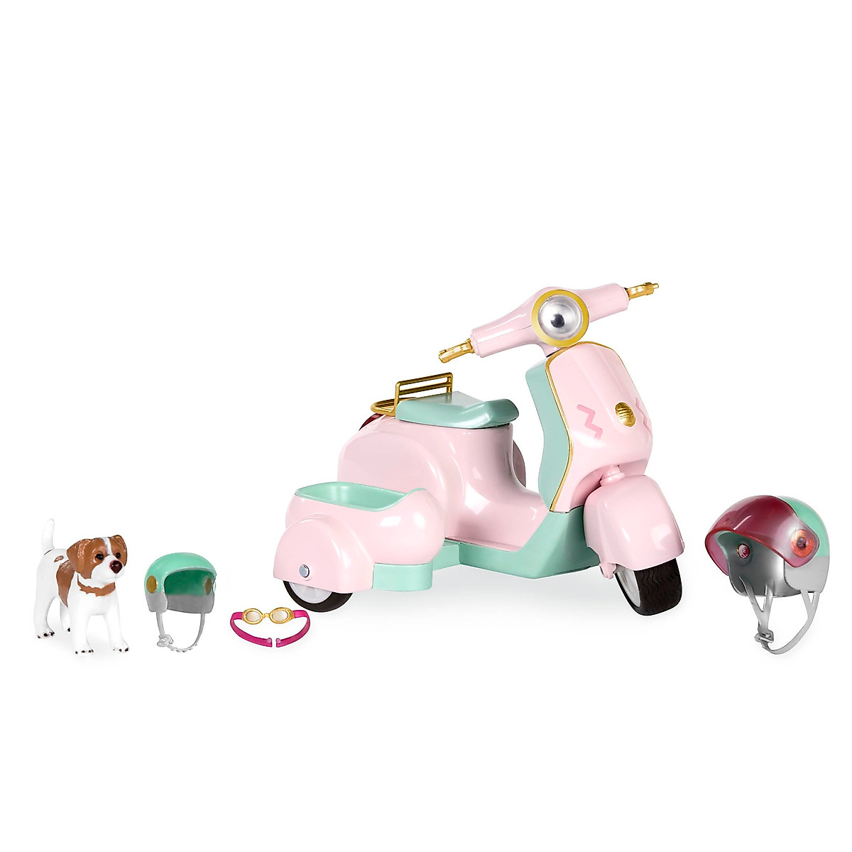 Lori Dolls – Toy Scooter for Mini Dolls – Vehicle with Accessories – Toy Dog with Helmet & Goggles – Working Lights & Sounds – Let’s Go for a Spin Scooter – 3 Years +