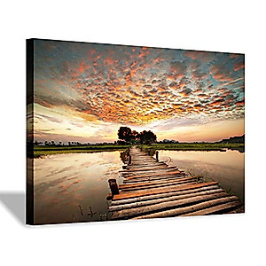 Hardy Gallery Lake Bridge Canvas Picture Artwork: Wooden Bridge Painting Sunset Landscape Wall Art Print for Living Room (45” x 30” x 1 Panel)