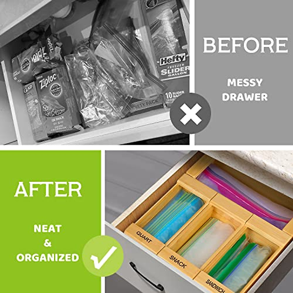 Barrenwood Ziplock Bag Storage Organizer, Storage Bag Organizer, 4 Separate Baggie Organizer, Ziplock Bag Storage Organizer for Kitchen Drawer, Compatible with Gallon, Quart, Sandwich & Snack Variety Size Bags