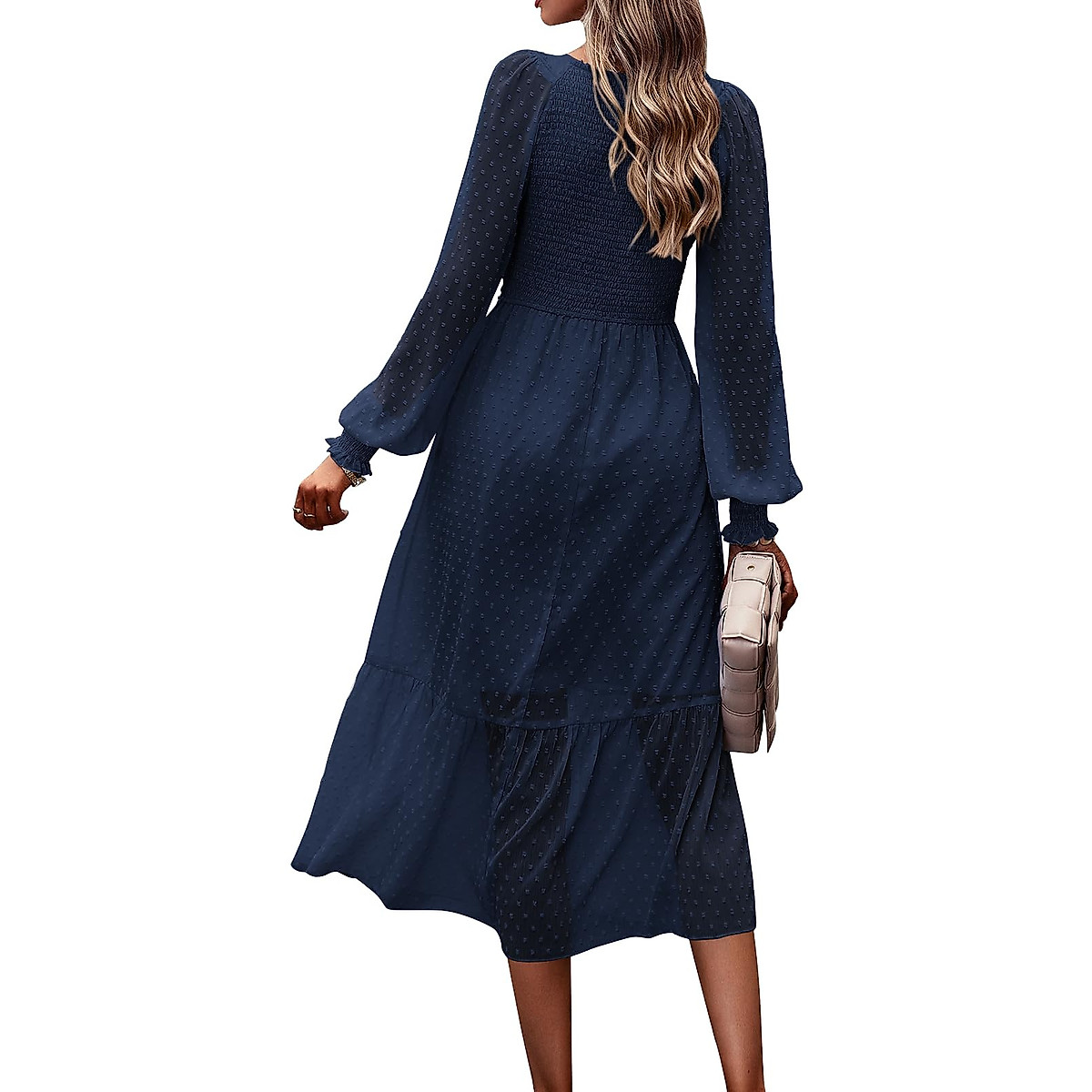PRETTYGARDEN Women's Fall Dresses 2024 Long Sleeve V Neck Swiss Dot Smocked Ruffle Midi Dress Boho Chiffon Flowy Long Dress (Navy,Large)