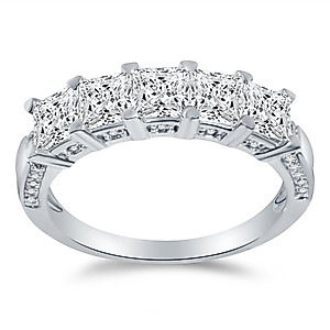 Size - 7 - Solid 14k White Gold 5mm Princess Cut Five Stone With Side Accents Anniversary Ring Wedding Band CZ Cubic Zirconia 2.0cttw.