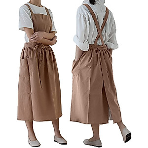 FADUOFA Cotton Linen Apron Japanese Style Waterproof Aprons With Pockets for Kitchen Cafe Flower Shop Smock (Light Brown)