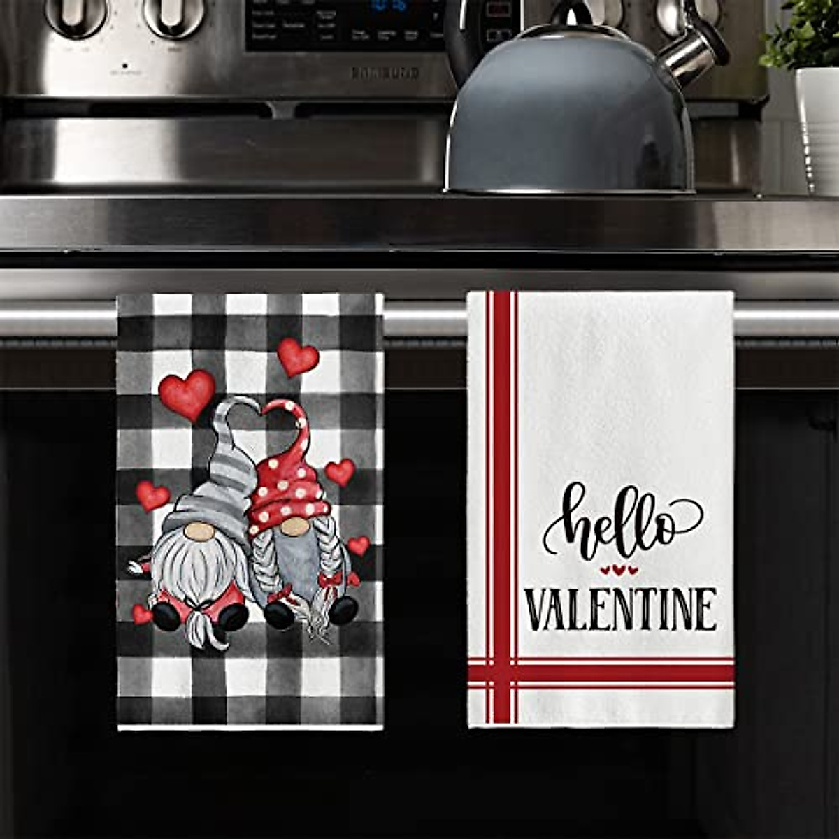 Artoid Mode Buffalo Plaid Gnomes Truck Hello Valentine Kitchen Towels Dish Towels, 18x26 Inch Seasonal Valentine's Day Decoration Hand Towels Set of 4