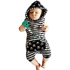Xiaodriceee Newborn Baby Hooded Romper Boy Girl Sleeveless Striped Skull Jumpsuit Outfit Clothes 0-6 Months