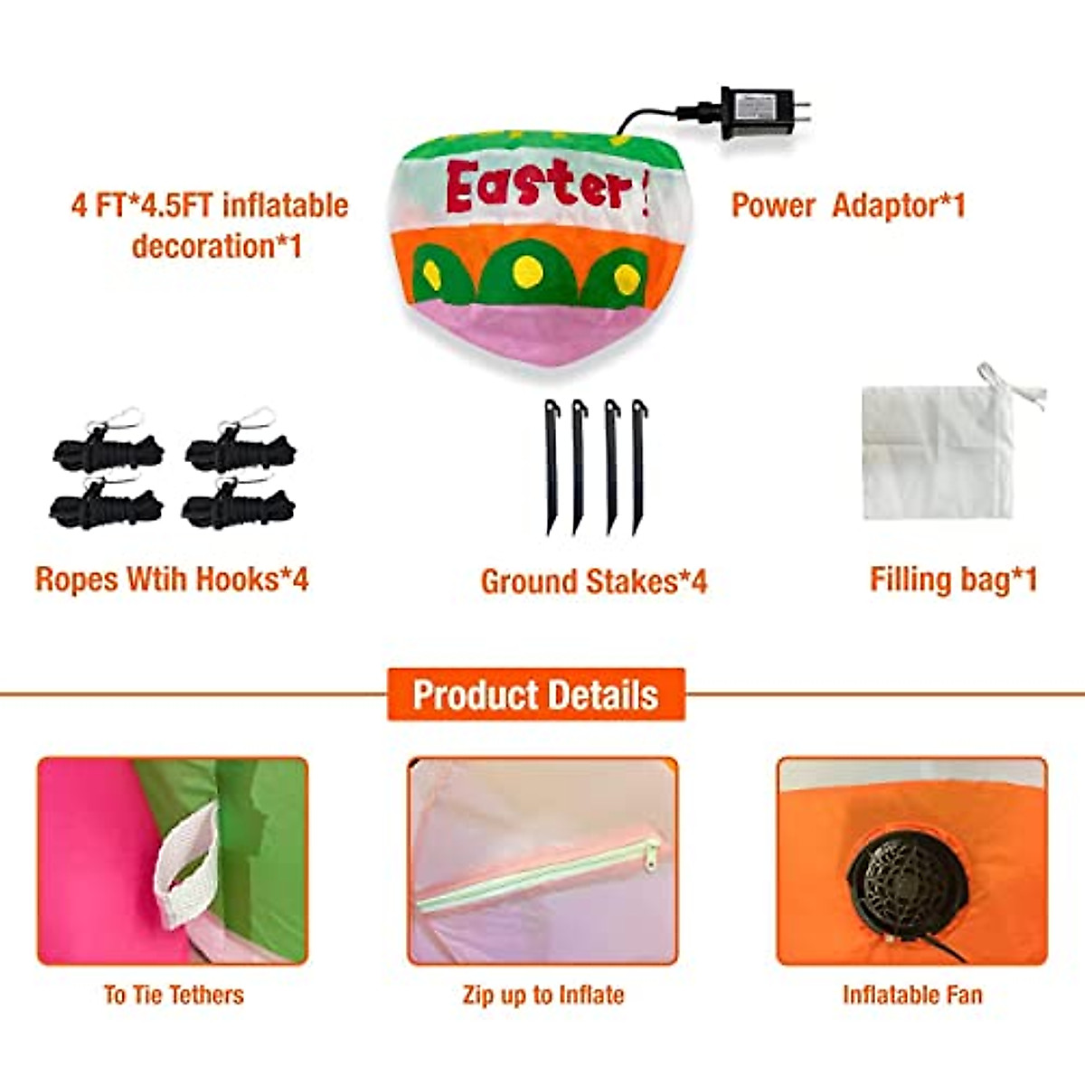 ECOOSTAR 4.5FT Long Easter Decorations Inflatables Bunny & Chicken with Eggs, Blow UpYard Build-in LED Lights, Decor for Outdoor Indoor, Yard, Garden, Lawn, White (RH-120-0600U4-1)